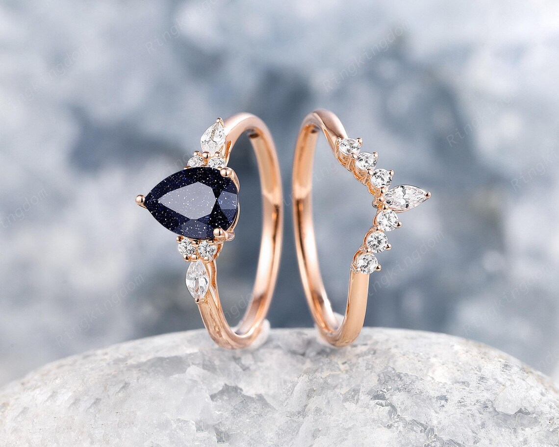 Vintage Pear Cut Nebula Blue Sandstone Bridal Set Galaxy Blue Goldstone ...
