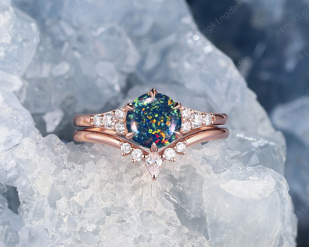Round Shape Black Opal Engagement Ring, Rose Gold Black Opal Bridal Set ...