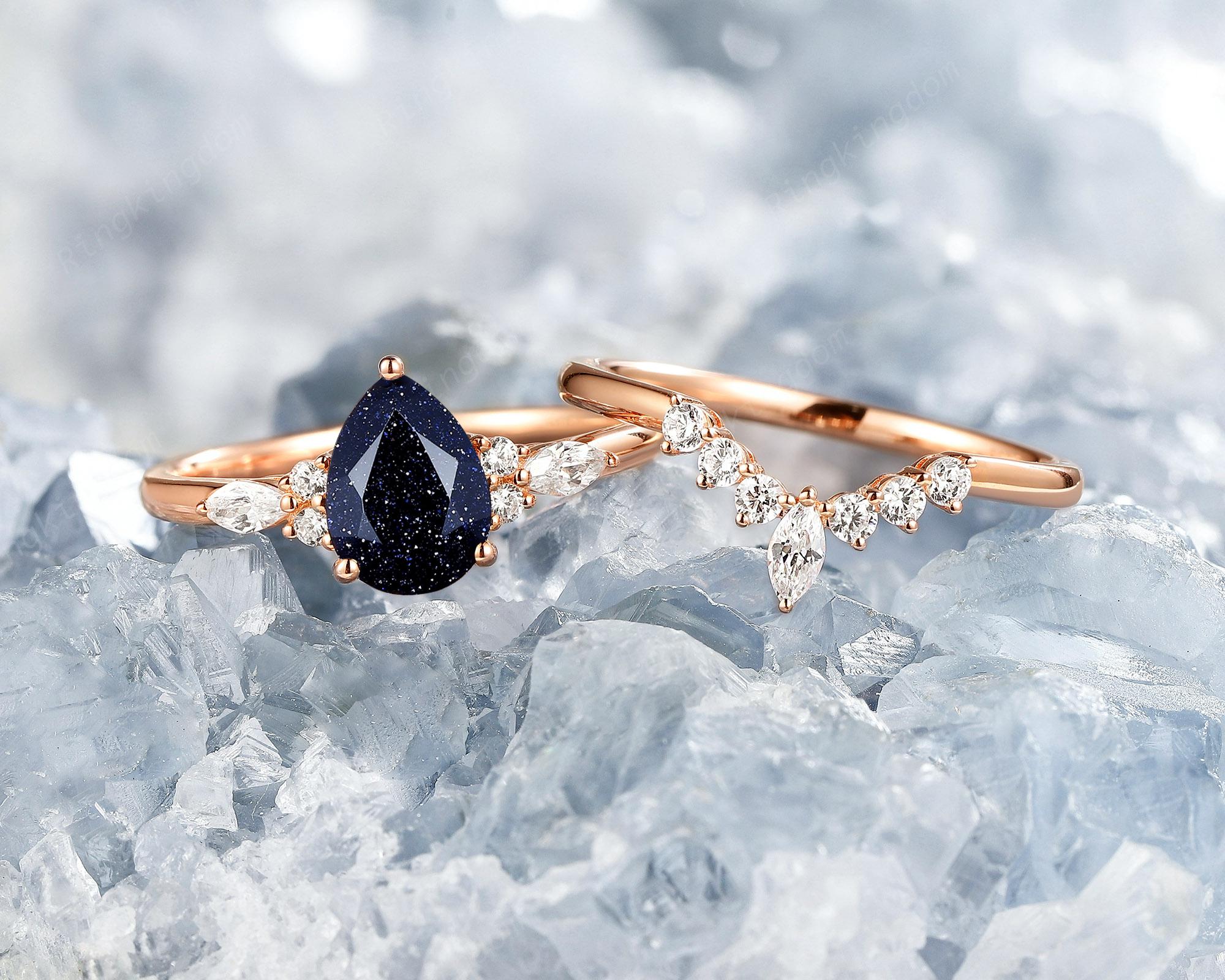 Vintage Pear Cut Nebula Blue Sandstone Bridal Set Galaxy Blue Goldstone ...