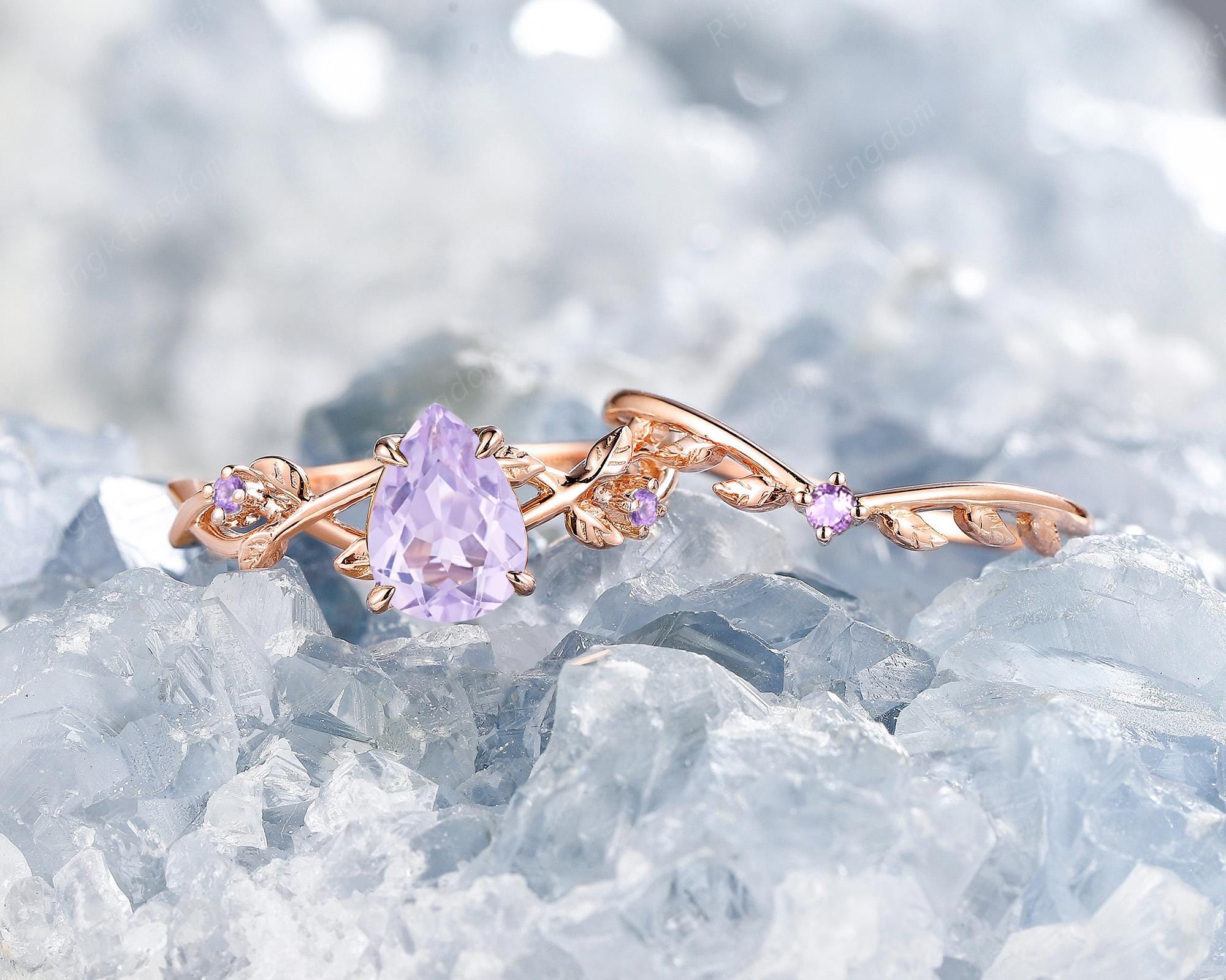 Nature Inspired Lavender Amethyst Bridal Set 14K Rose Gold Vine Leaf ...