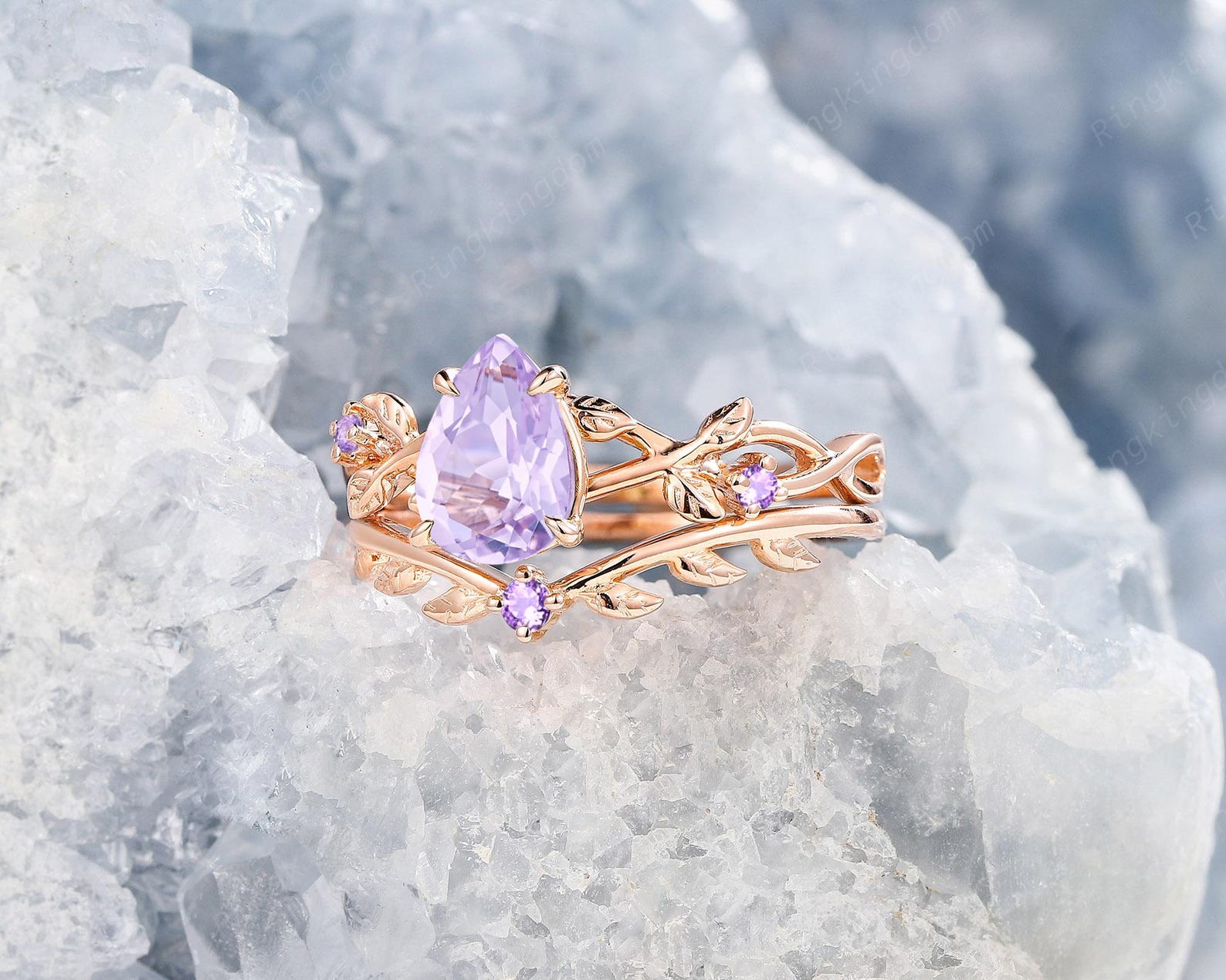 Nature Inspired Lavender Amethyst Bridal Set 14K Rose Gold Vine Leaf ...