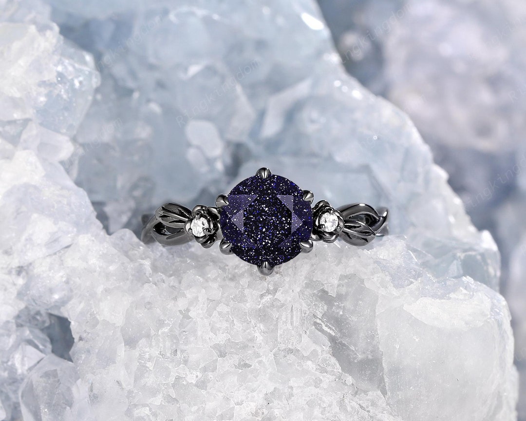 Orion Nebula Blue Sandstone Engagement Ring Rhodium Black Gold Round ...
