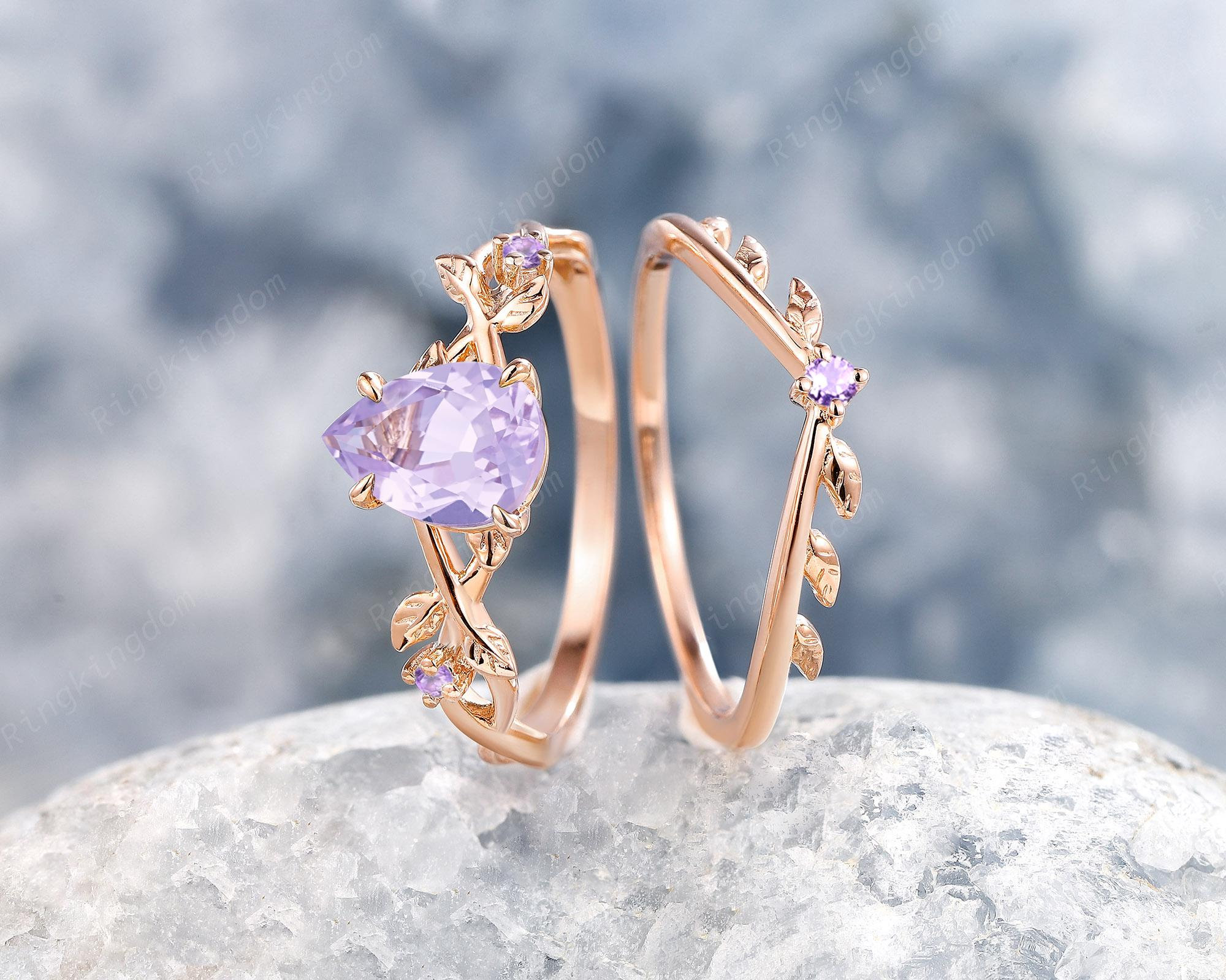Nature Inspired Lavender Amethyst Bridal Set 14K Rose Gold Vine Leaf ...