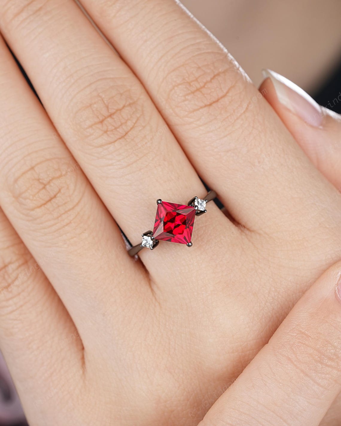 Gothic Princess Cut Ruby Engagement Ring Rhodium Black Gold July ...