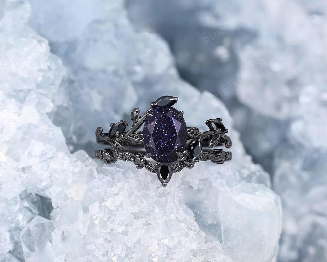 Gothic Orion Nebula Blue Sandstone Bridal Set Rhodium Black Gold Oval ...