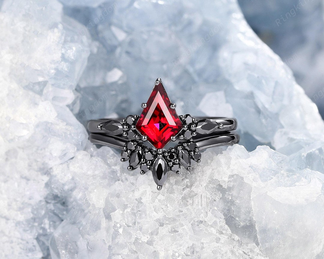 Gothic Kite Red Ruby Engagement Ring Set Rhodium Black Gold July ...