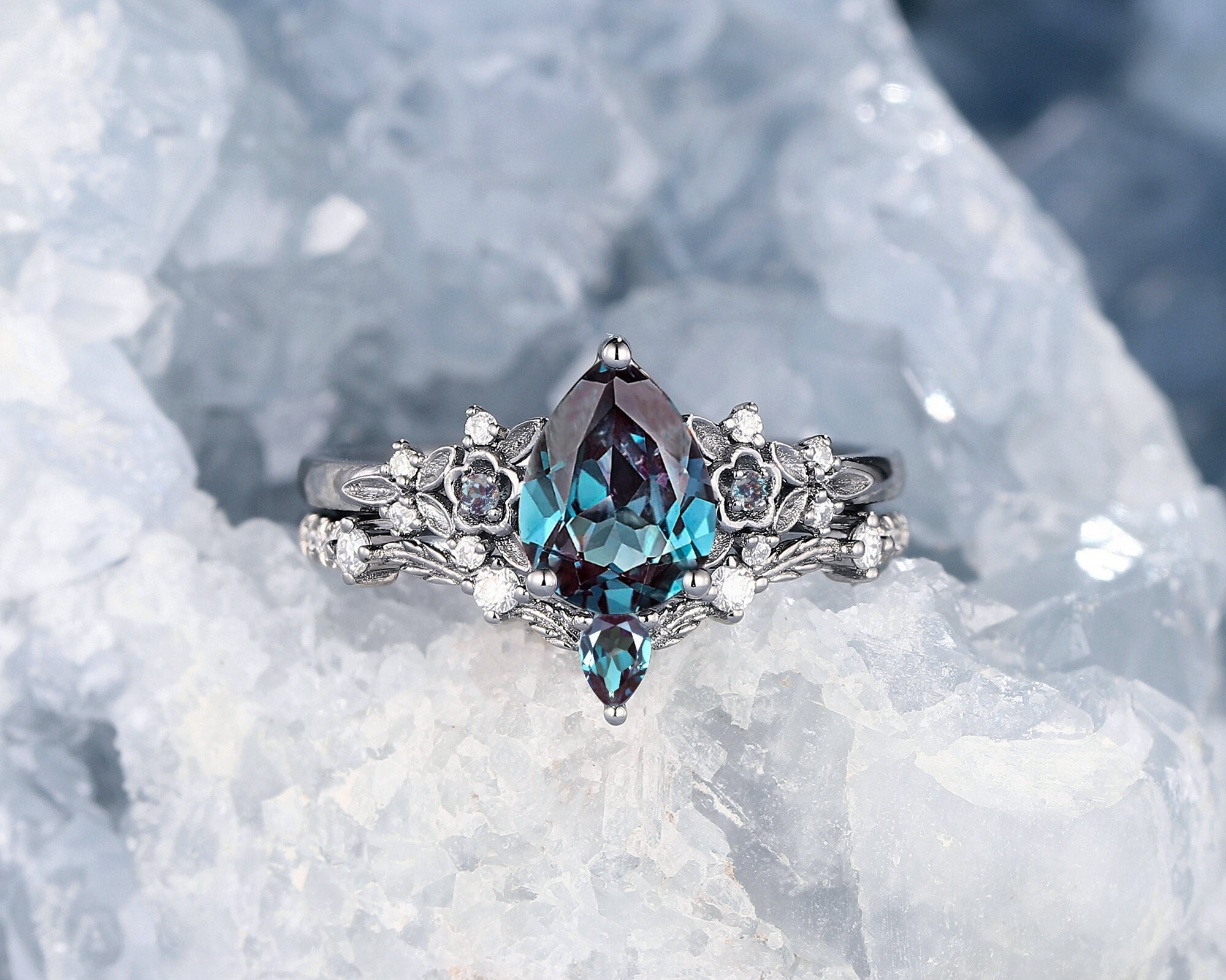 Unique Pear Shape Alexandrite Engagement Ring Set, Rhodium Black Gold ...