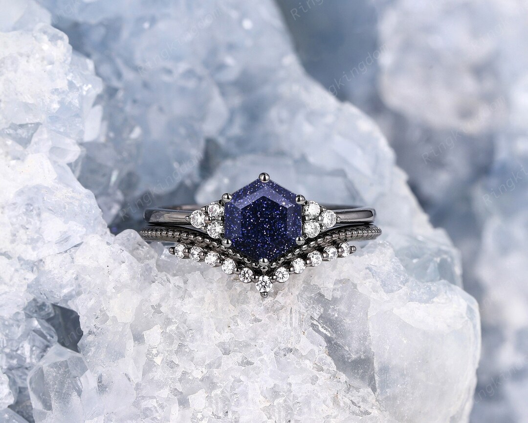 Orion Nebula Blue Sandstone Gothic Bridal Set Hexagon Goldstone Rhodium ...