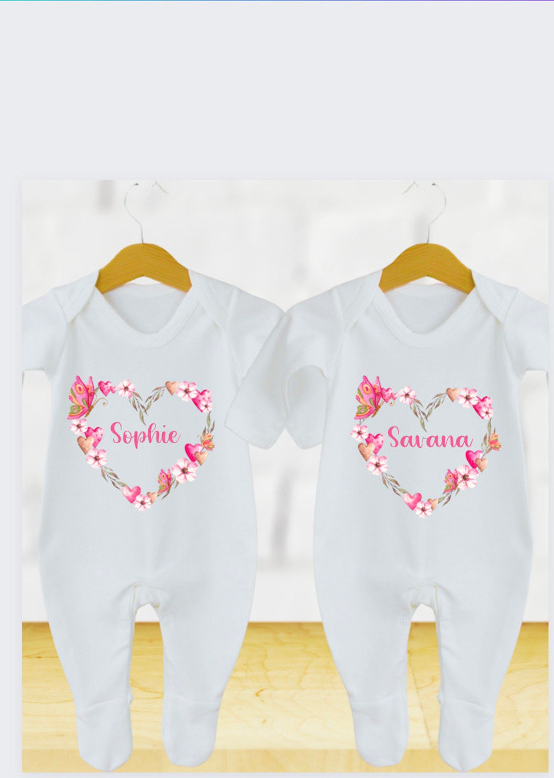 Twin Babies Matching Outfit Bib Set, Floral Print Twins Sleepsuit ...