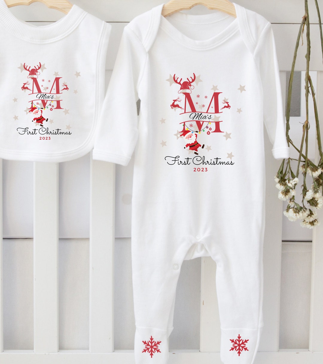Personalised First Christmas Sleepsuit, 1st Xmas Baby Grow, Pyjamas ...