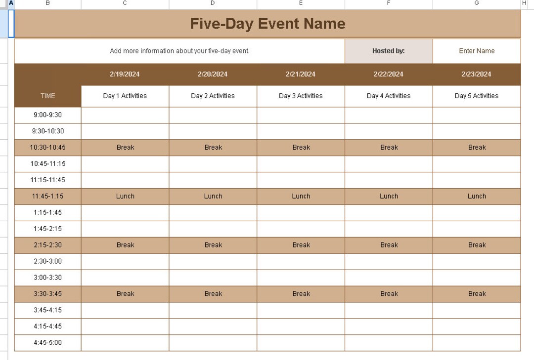 Five Day Family Event Planning Daily Activities Google Spreadsheet ...