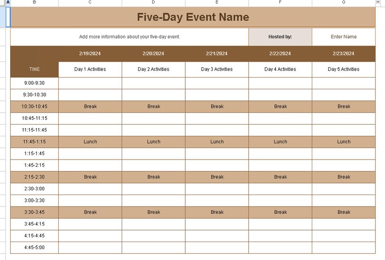 Five Day Family Event Planning Daily Activities Google Spreadsheet ...