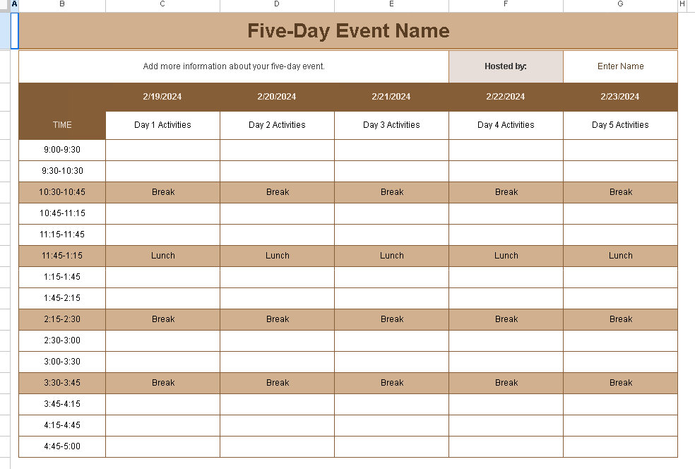 Five Day Family Event Planning Daily Activities Google Spreadsheet ...