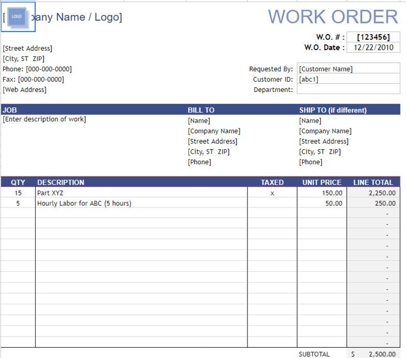 Work Order Invoice Template File Ecommerce Invoicing PDF Convertable ...