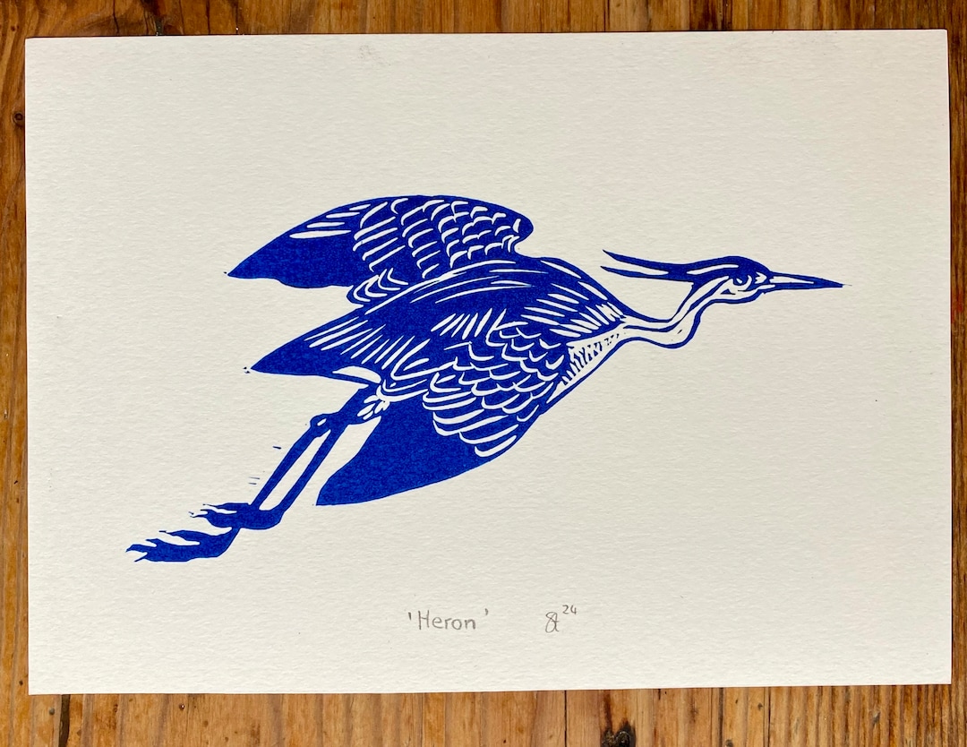 Heron Linocut Print, Original Art Print of Egret, Japanese Crane, Stork ...