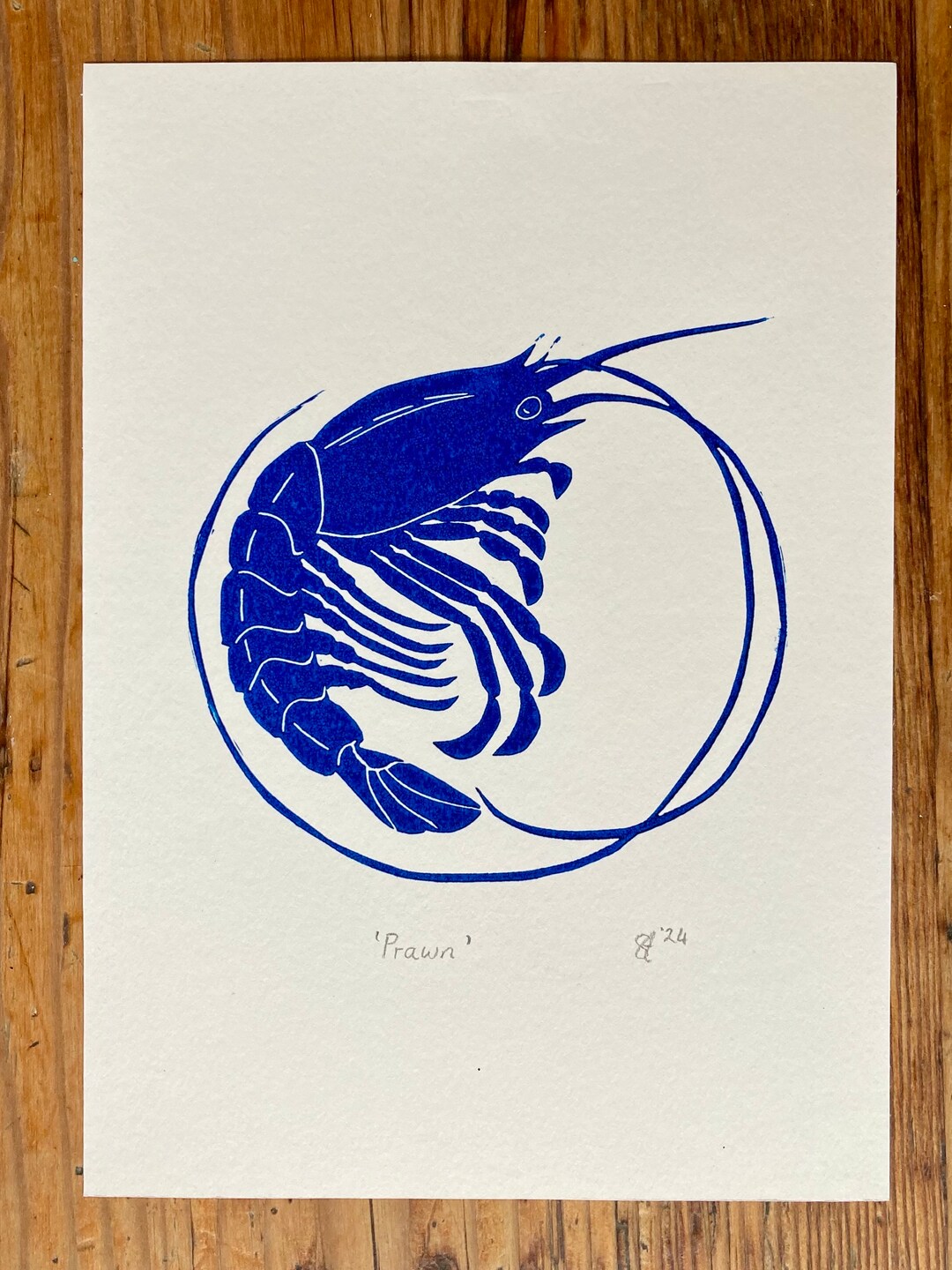 Prawn Linocut Print: Blue Seafood Wall Art - Etsy