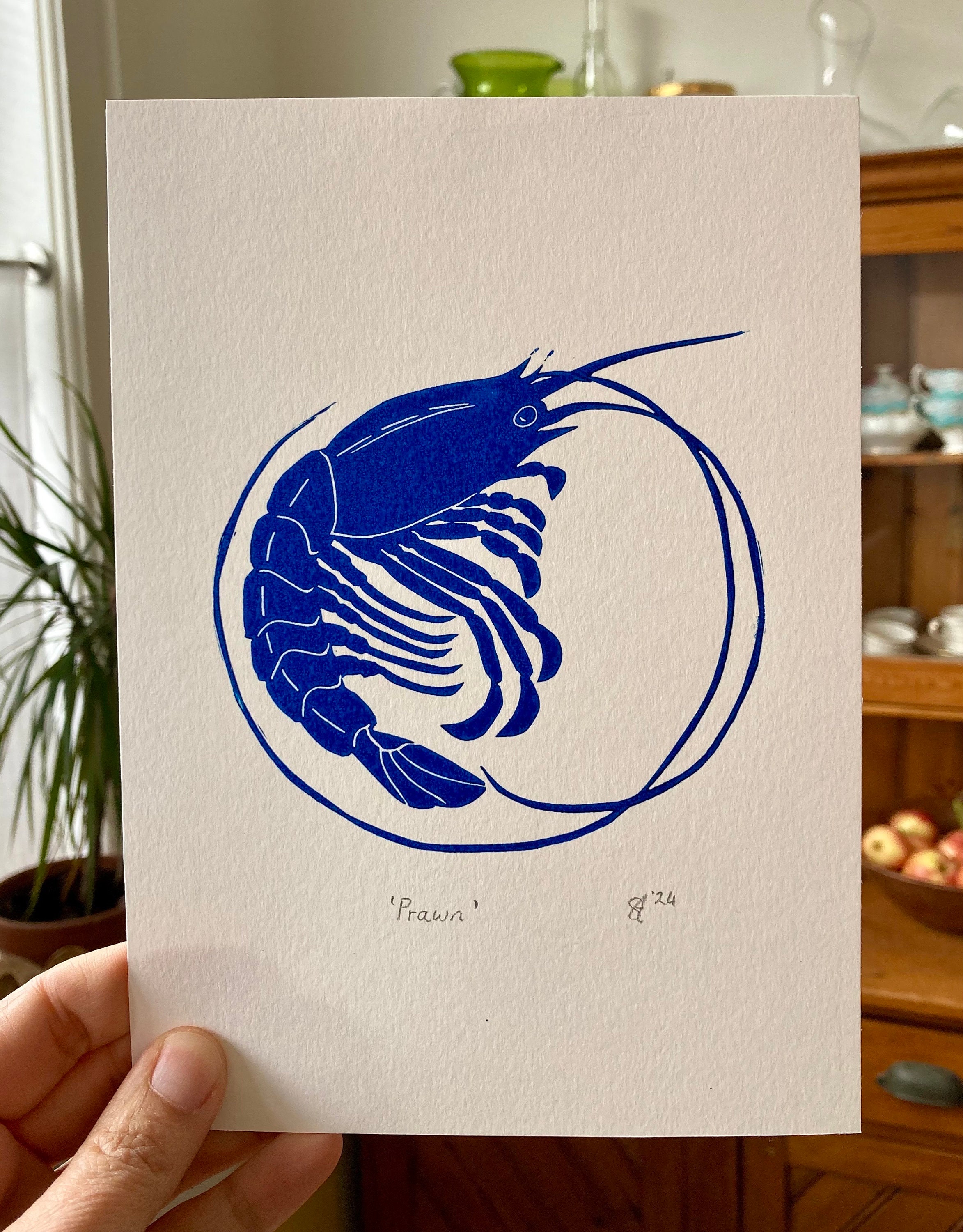 Prawn Linocut Print: Blue Seafood Wall Art - Etsy