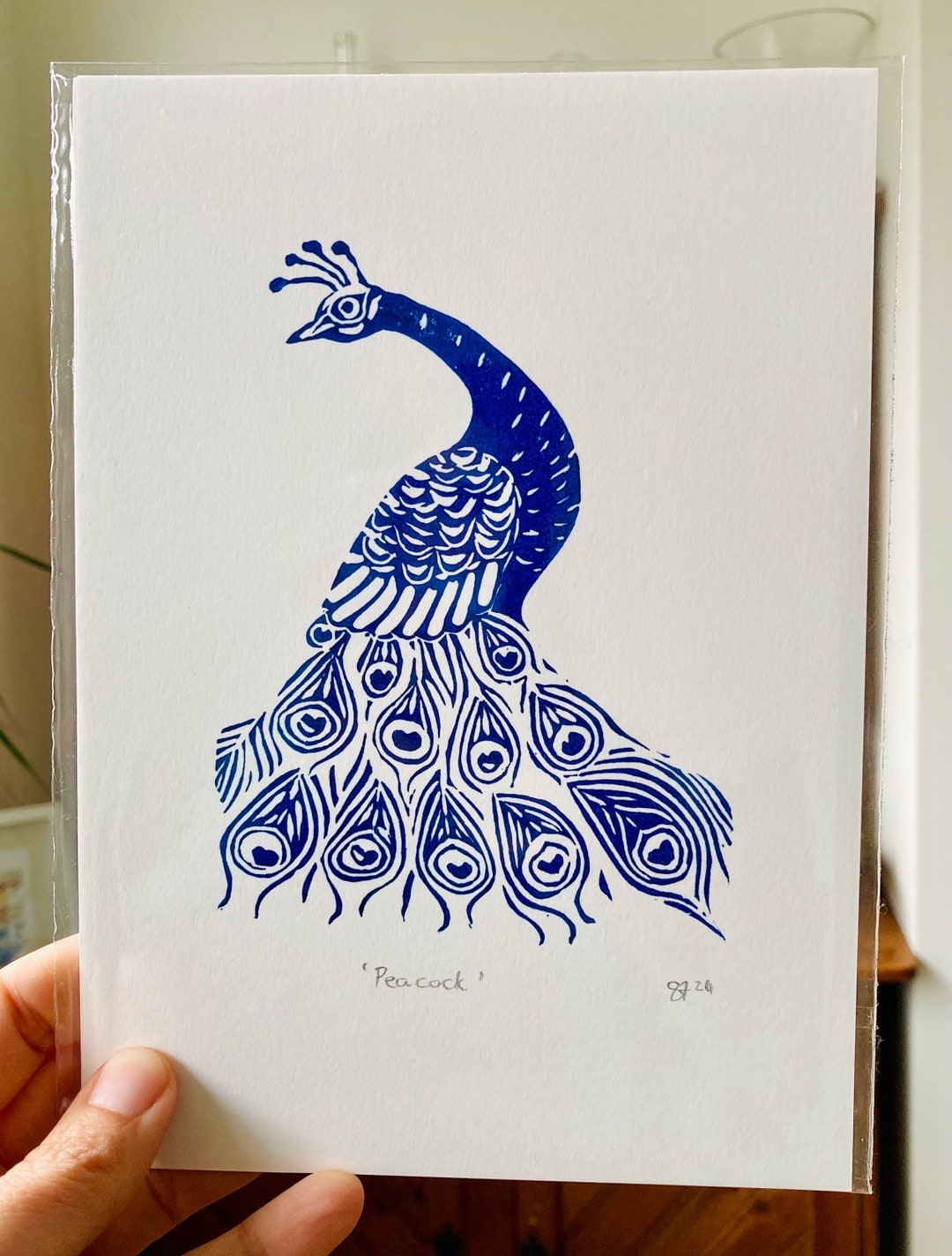Blue Peacock Linocut Print: Original Bird Art, A5 Size - Etsy