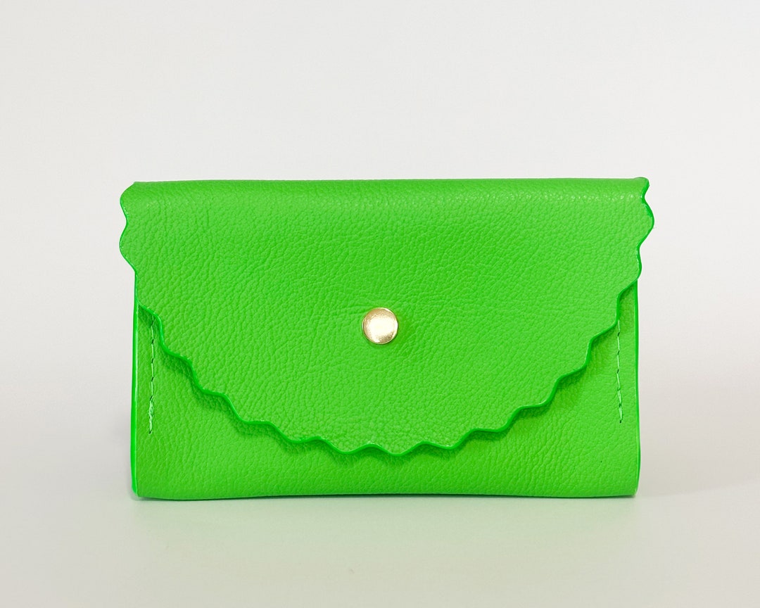 Neon Green Leather Coin Purse With Neon Green Scalloped Edges, Glow ...