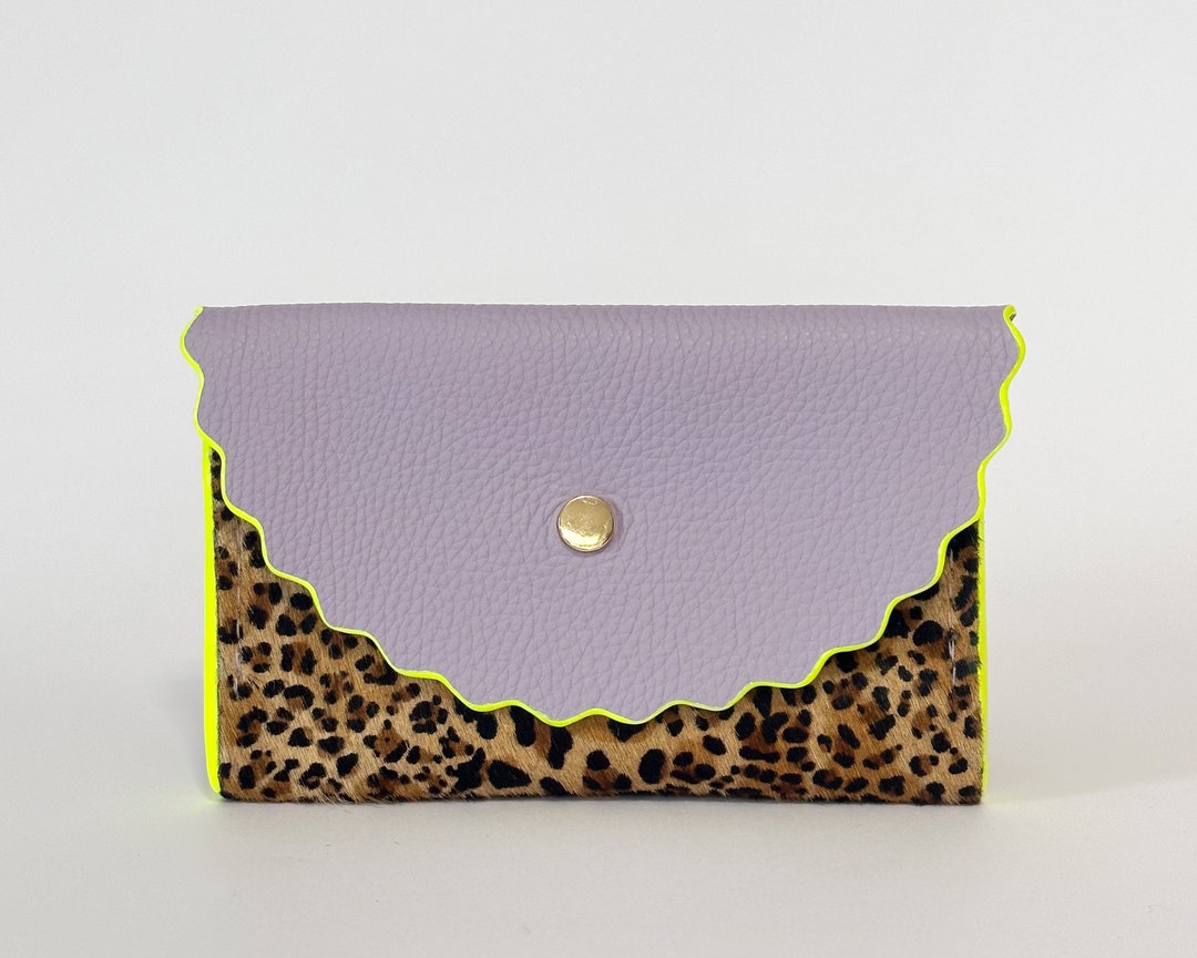 Lilac & Leopard Print Leather Coin Purse, With Neon Yellow Scalloped ...