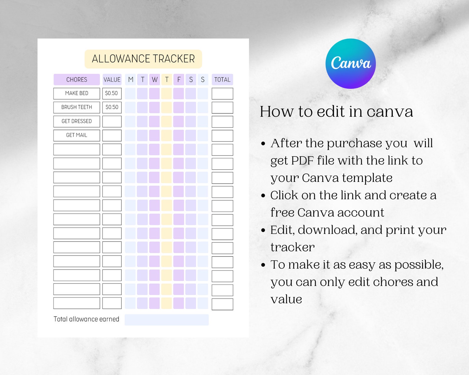Editable Allowance Tracker for Kids Printable Allowance Chore Chart ...