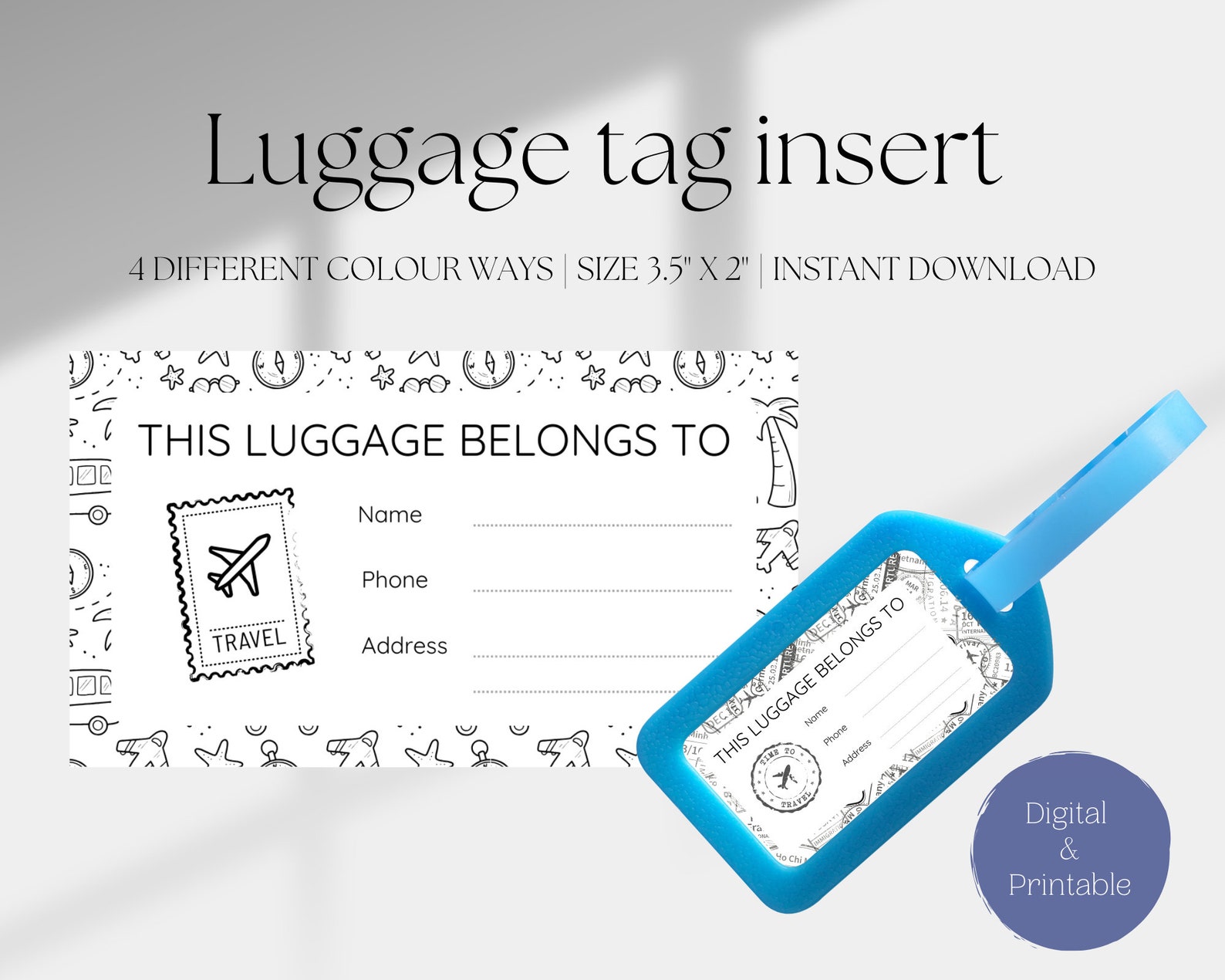 Printable Luggage Tag Insert Digital Download Travel Tag Insert Digital ...