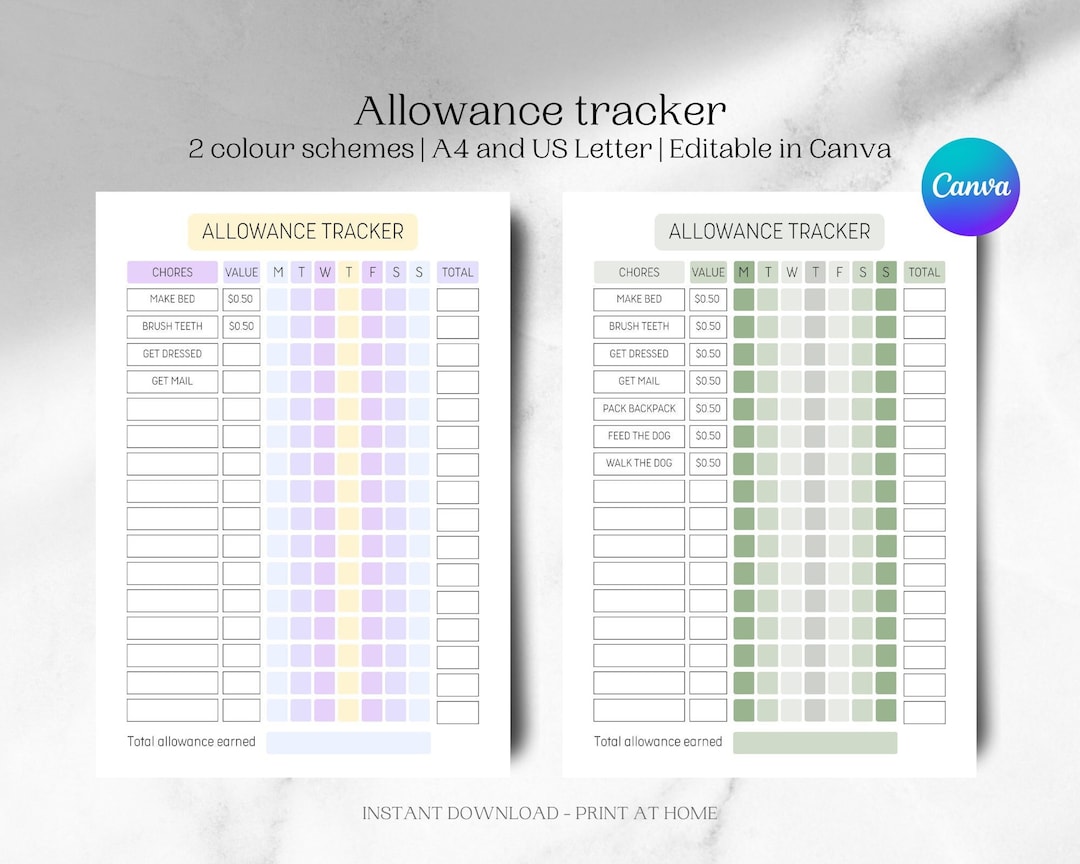Editable Allowance Tracker for Kids Printable Allowance Chore Chart ...