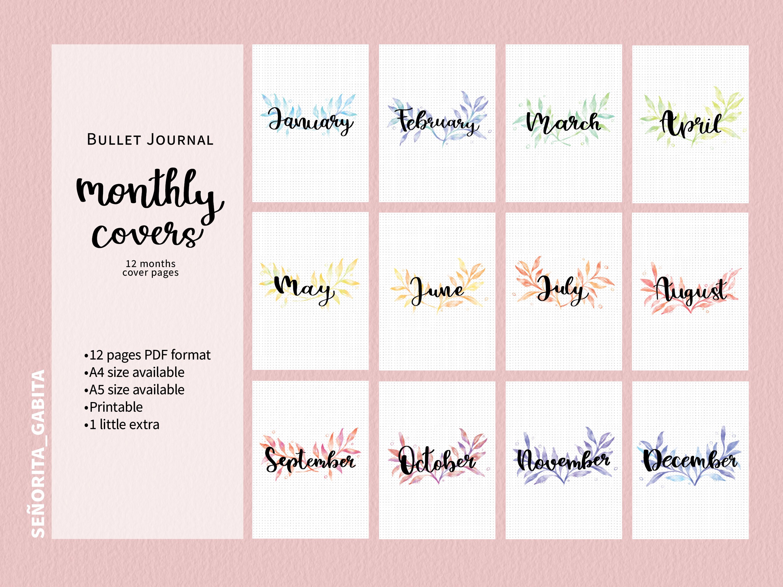 Bullet Journal Monthly Cover Pages Minimalist Floral Design Watercolor ...