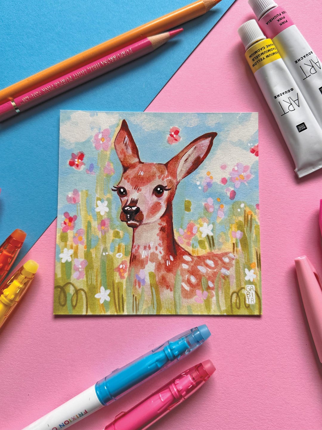 Hand Drawn Fawn in Flower Meadow Square Art Print | Cute Animal ...