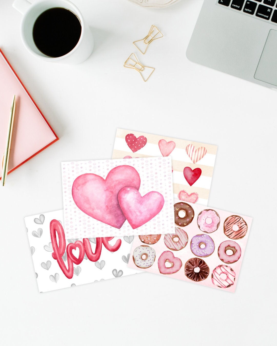 Valentine Note Cards set of 8, 4 Unique Designs, Valentine Cards, Flat ...