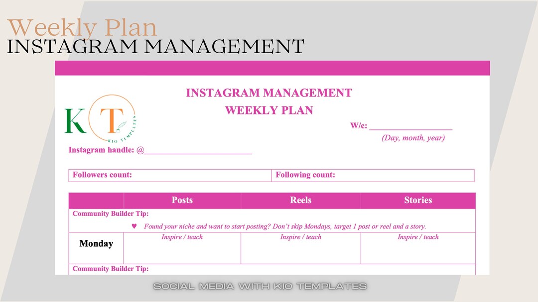 Instagram Management Simple Weekly Plan Social Media Planner Weekly ...