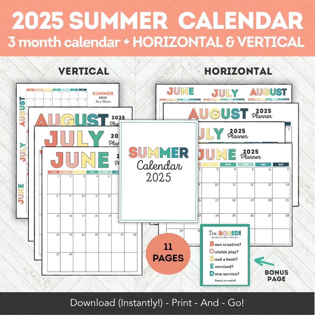 Printable Editable SUMMER CALENDAR June, July, August Calendar, Monthly ...