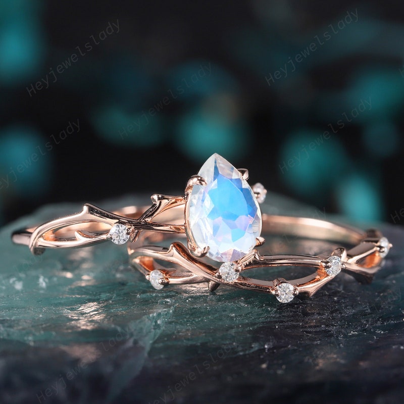 Moonstone Wedding Ring Set - Etsy