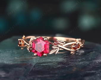 Vintage Hexagon Ruby and Garnet Engagement Ring, Unique Nature Inspired ...