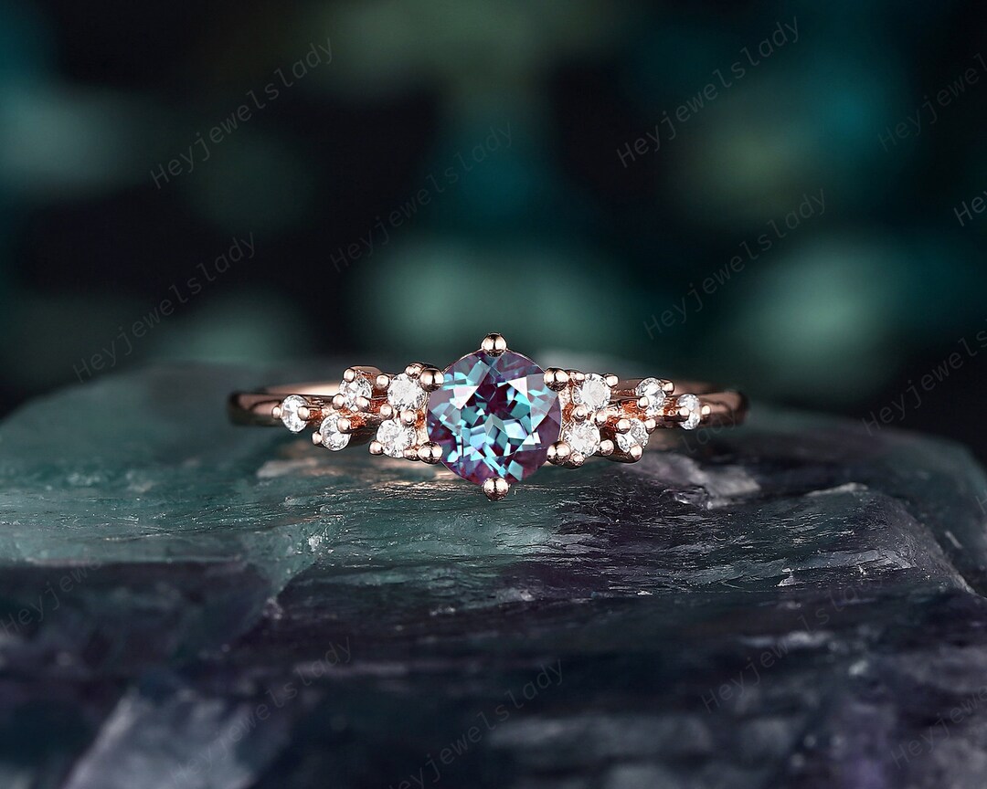 Dainty Round Alexandrite Cluster Engagement Ring, Rose Gold Snowdrift ...