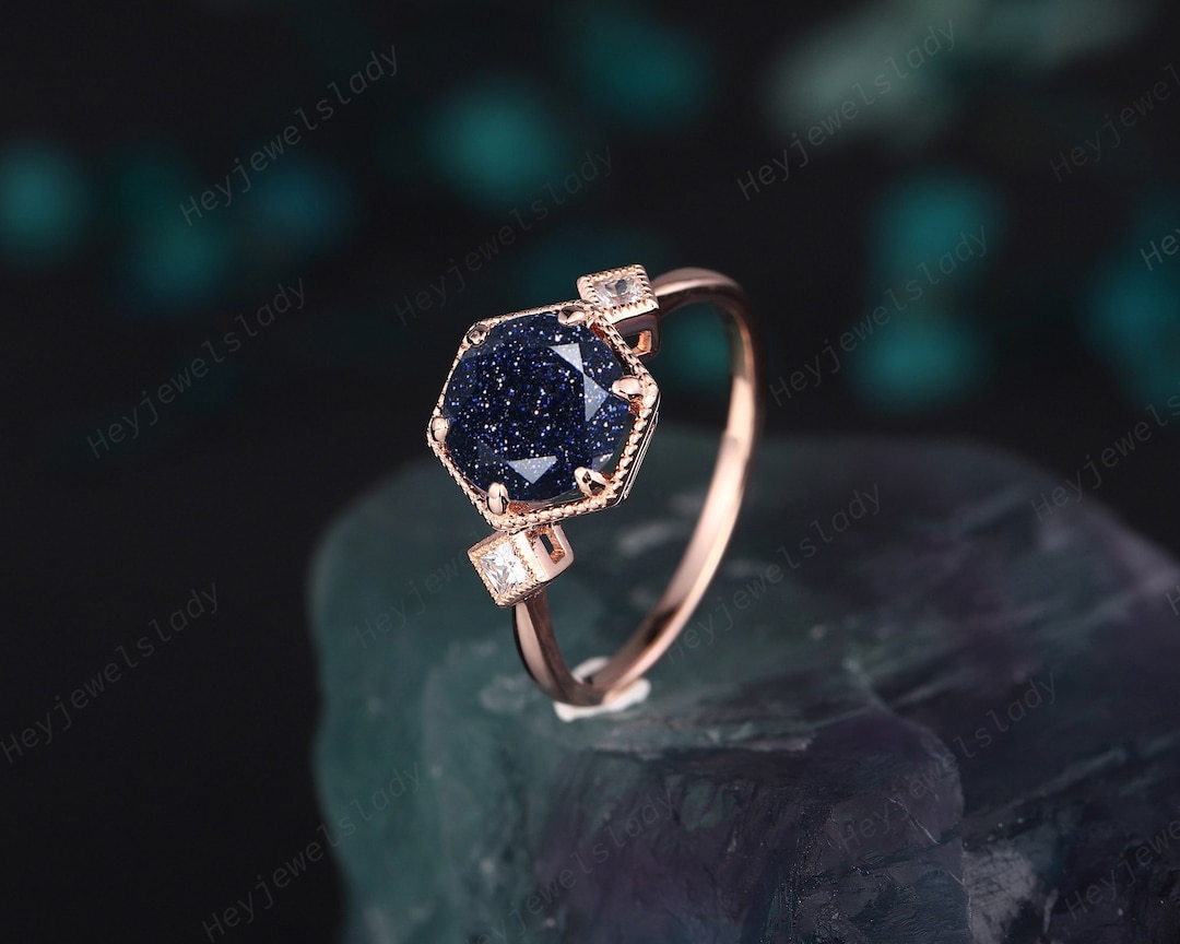 Vintage Round Cut Blue Sandstone Engagement Ring Unique Nebula Blue ...
