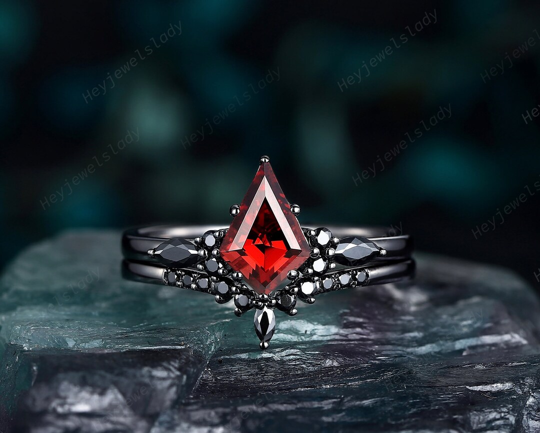 Gothic Kite Cut Garnet Engagement Ring Set, Unique Rhodium Black ...