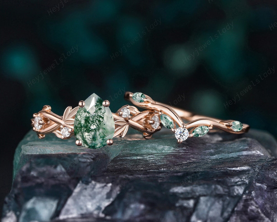 Nature Inspired Pear Shape Moss Agate Engagement Ring, Green Moss Agate Twig Leaf Wedding Ring ...