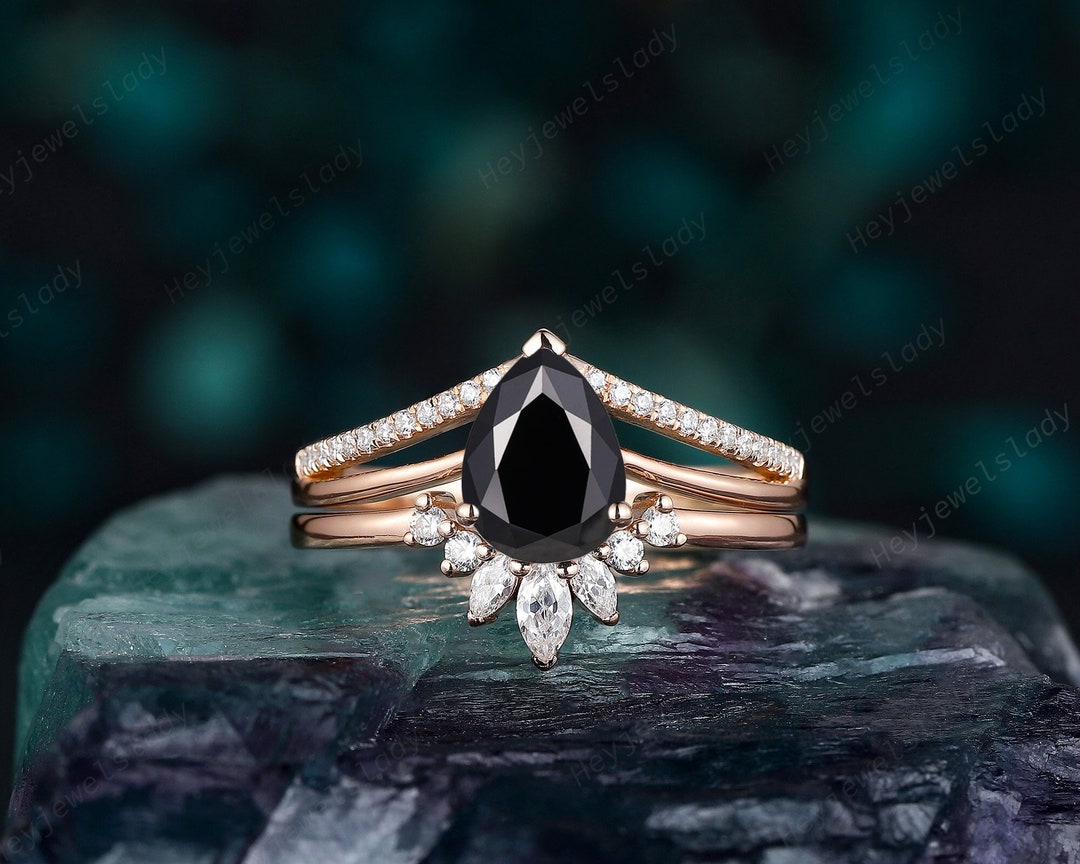 Unique Split Shank Pear Shape Black Moissanite Engagement Ring, Vintage ...