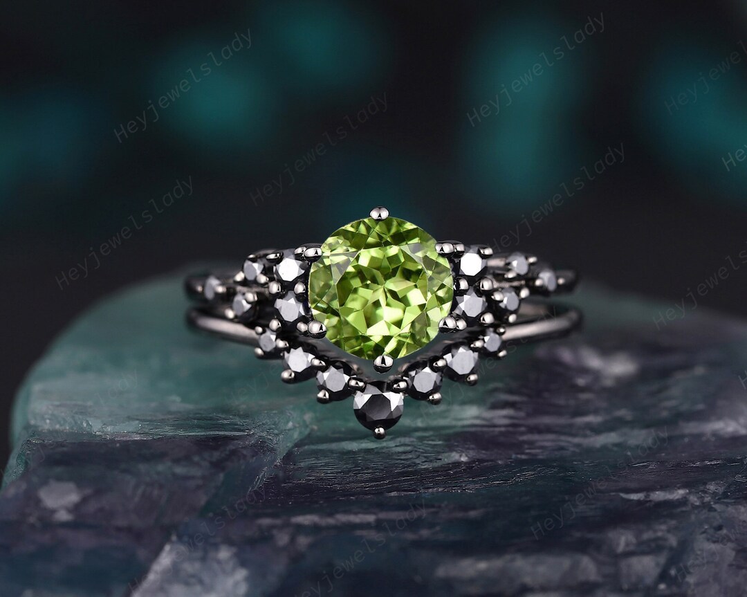 Vintage Black Gold Round Cut Peridot Engagement Ring, Rhodium Black ...