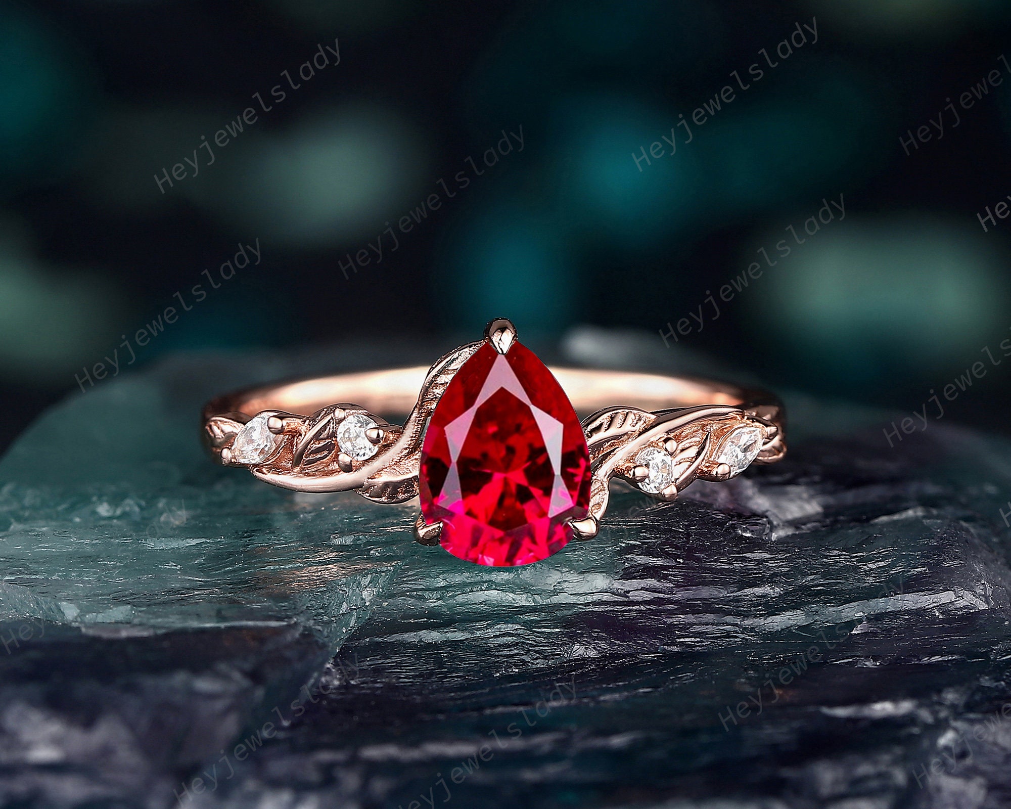 Vintage Pear Shape Ruby Engagement Ring Set Unique 14K Rose - Etsy