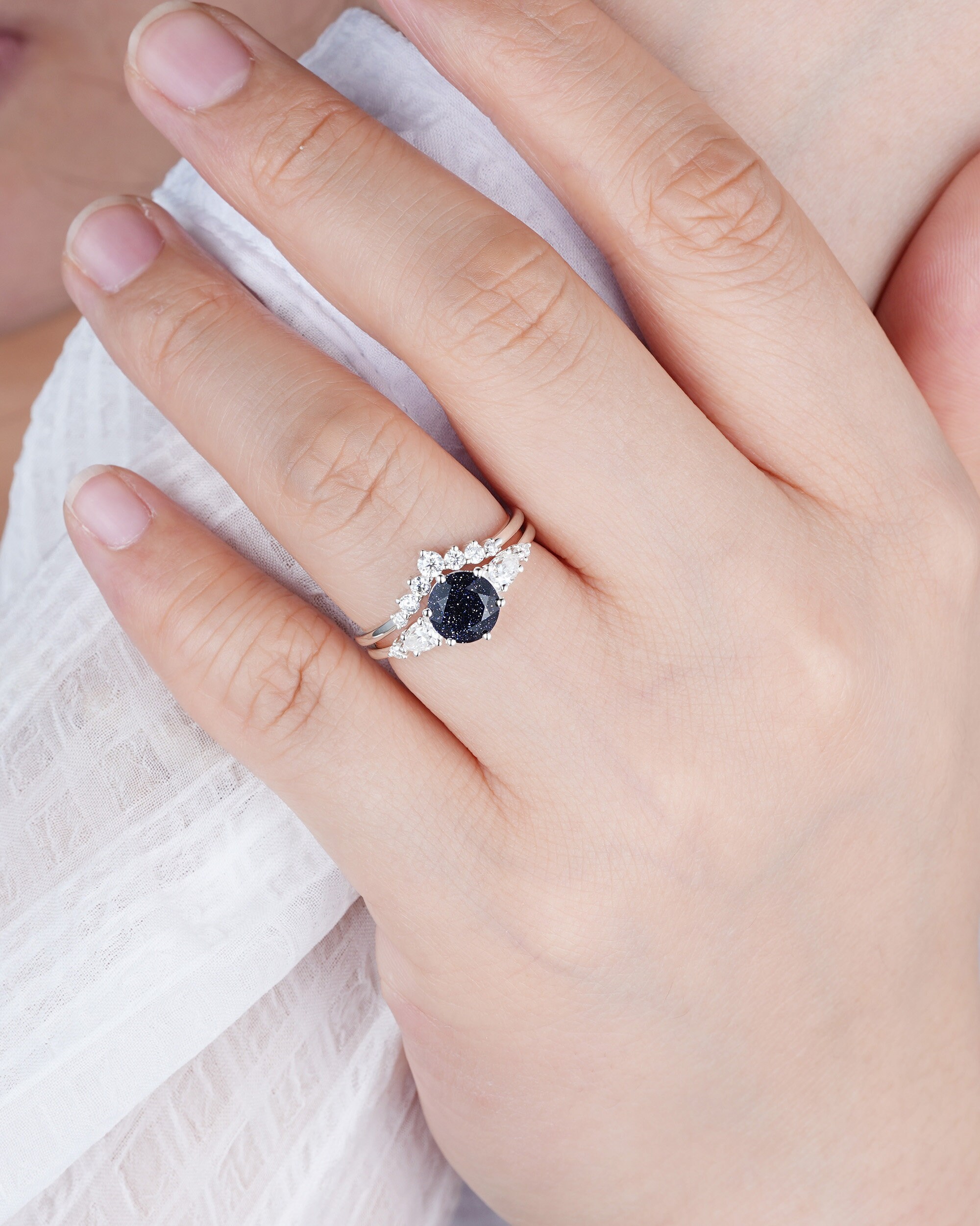 Round Shape Blue Sandstone Promise Ring Set, Unique Sterling Silver ...