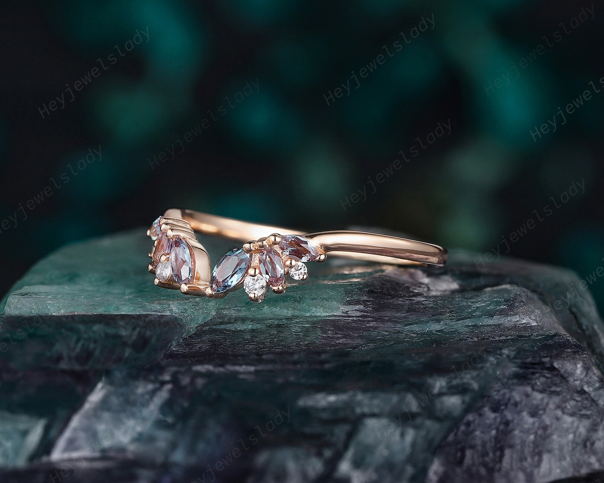 Unique Open Gap Alexandrite Cluster Engagement Band, 14K Rose Gold ...