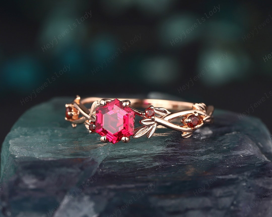 Vintage Hexagon Ruby and Garnet Engagement Ring, Unique Leaf Ruby ...