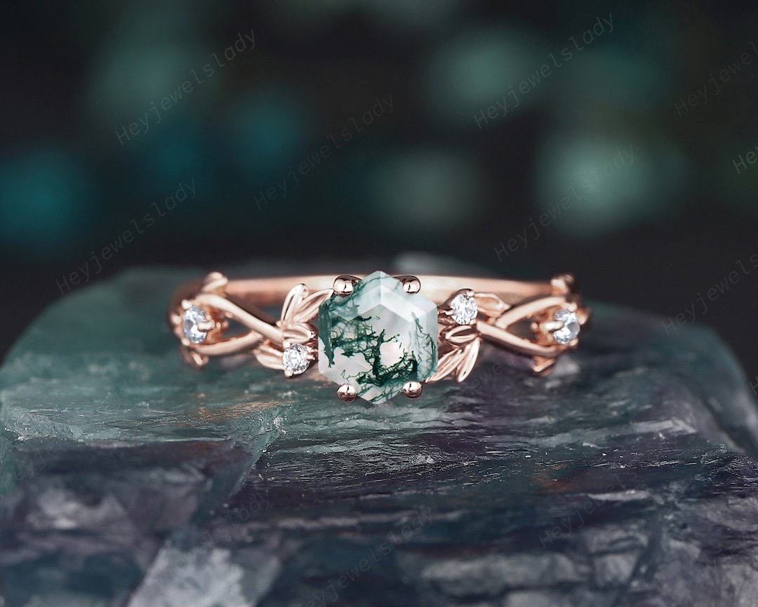 Vintage Hexagon Moss Agate Engagement Ring, Unique Leaf Promise Ring ...