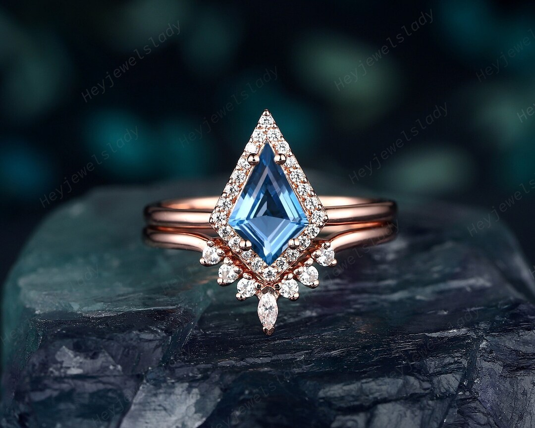 Unique Kite Cut London Blue Topaz Wedding Ring Set, 14k Rose Gold Topaz ...