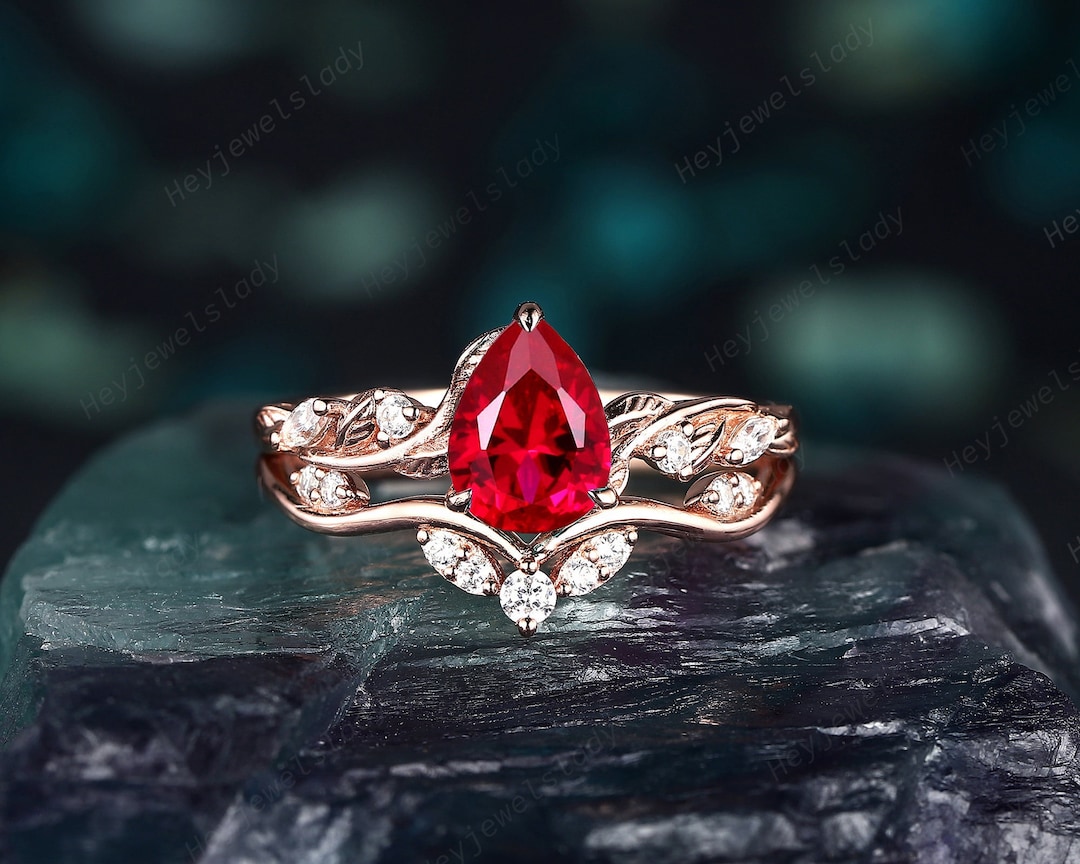Vintage Pear Shape Ruby Engagement Ring, Unique 14K Rose Gold Ruby Leaf ...