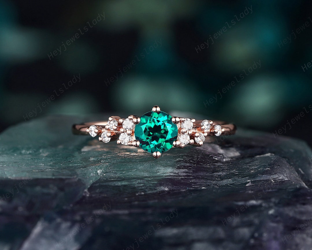 Vintage Round Shape Emerald Cluster Engagement Ring, Unique 14K Rose ...