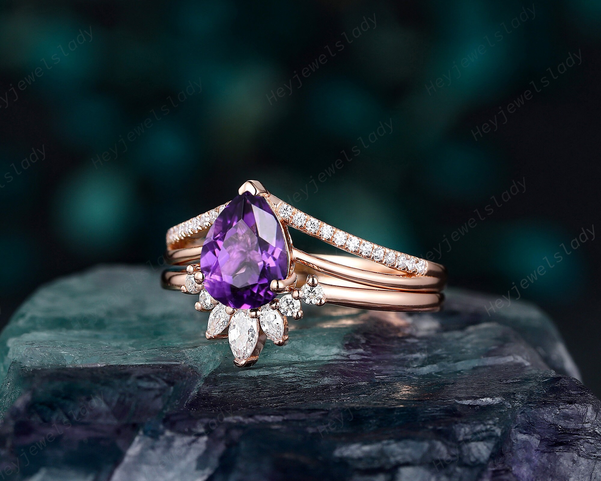 Unique Split Shank Pear Shape Amethyst Engagement Ring Set, Vintage ...