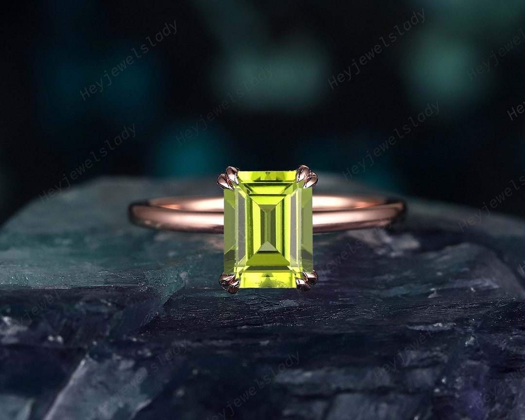 Vintage Emerald Cut Peridot Solitaire Engagement Ring, Unique Peridot ...